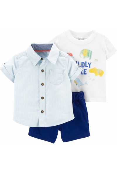 Erkek Bebek Gömlek Tshirt Şort Set 3'lü Paket