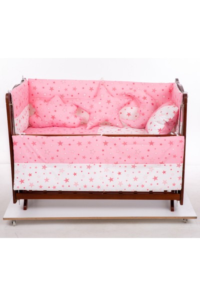 Hugoybedding 70 cm x 130 cm Pollycotton Lüks Bebek Uyku Seti Pembe Beyaz Yıldız Temalı (10 Parça)