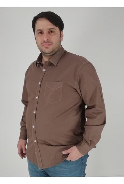 Büyük Beden Vintage Haki-Bordo Çizgili Erkek Gömlek BTL-6172-TSS