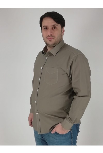 Tousus Büyük Beden Vintage Düz Haki Erkek Gömlek BTL-6177-TSS