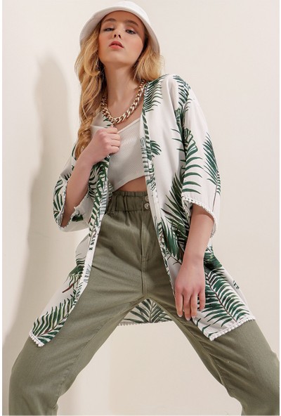 Yaprak Baskı Kolucu Dantel Ceket