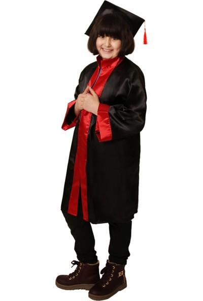 Nüans Mezuniyet Anaokulu Cübbe Kep Mezuniyet Elbisesi -Siyah Kırmızı