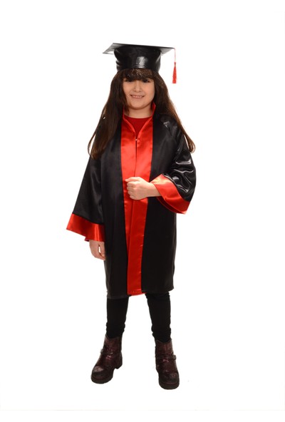 Nüans Mezuniyet İlkokul Mezuniyet Cübbe Kep Takımı -Siyah Kırmızı