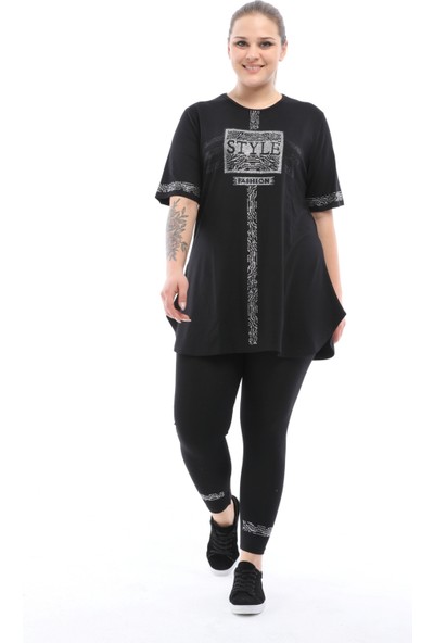 Cedy Denım Siyah Tunik Tayt Takımı Viskon Kumaş Taş Detaylı C5002 2'li Takım
