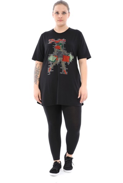 Cedy Denım Siyah Tunik Tayt Takımı Viskon Kumaş Taş Detaylı C5006 2'li Takım