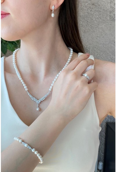 Zümrüt Kuyumculuk BIRINCI1926 Kadın Taşlı Inci Kolye Küpe Bileklik Yüzük Dörtlü Inci Set