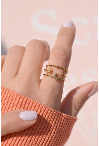 Sacce Scarves&Accessories Ay ve Yıldız Detaylı Yüzük Eklem Yüzüğü Gold