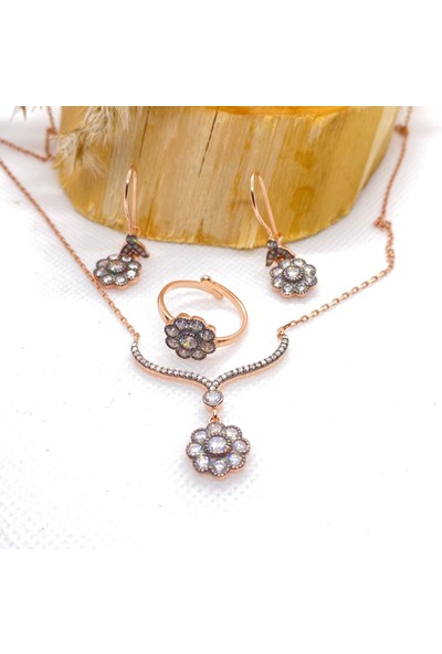 GümüşPark Midyat 925 Ayar Gümüş Çiçek Model Üçlü Set