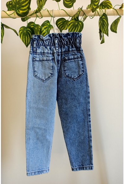 Çift Renk Yüksek Bel Beli Kemerli Mom Jean