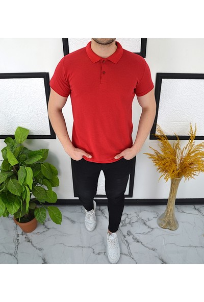 Düz Renk Kırmızı Erkek Polo Yaka Tişört