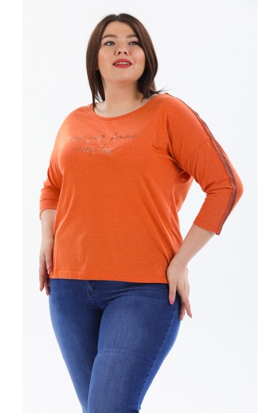 Mericey Kadın Turuncu Truvakar Kol Büyük Beden Tişört