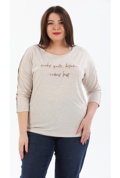 Mericey Kadın Bej Truvakar Kol Büyük Beden Tişört