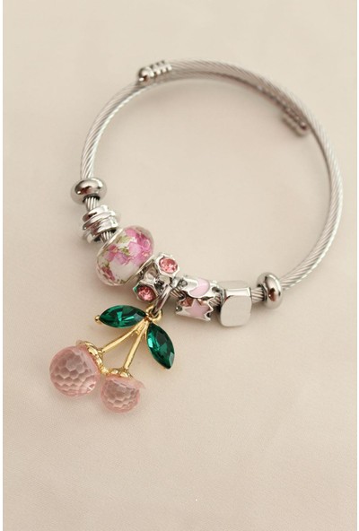 Erbilden Erb 3D Pembe Renk Kiraz Model Taşlı Charm Bilezik
