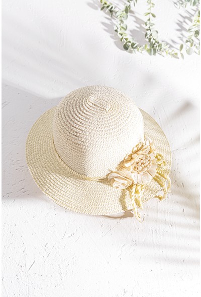 Babymod Çiçek Süslemeli Kız Çocuk Hasır Şapka