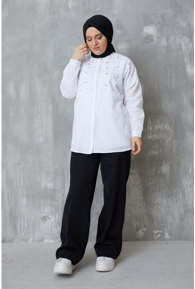 Miostil Yaka Inci Detaylı Gömlek-Beyaz