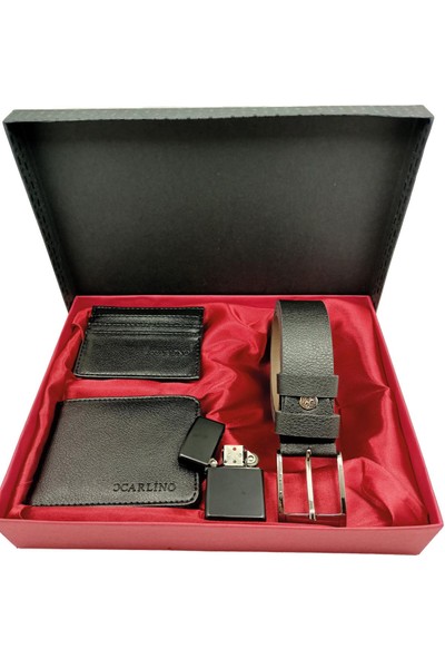 Karali Erkeklere Özel Set Kemer, Cüzdan, Kartlık, Çakmak, Özel Kutulu Set
