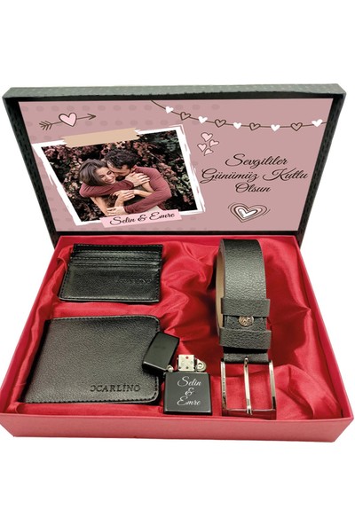 Karali Sevgiliye Kişiye Özel Resim Baskılı Set Kemer,cüzdan,isimli Çakmak,kartlık Özel Kutulu Set