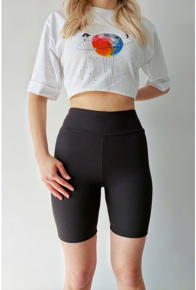 Orihime Kadın Siyah Biker Fitilli Ekstra Yüksek Bel Toparlayıcı Tayt