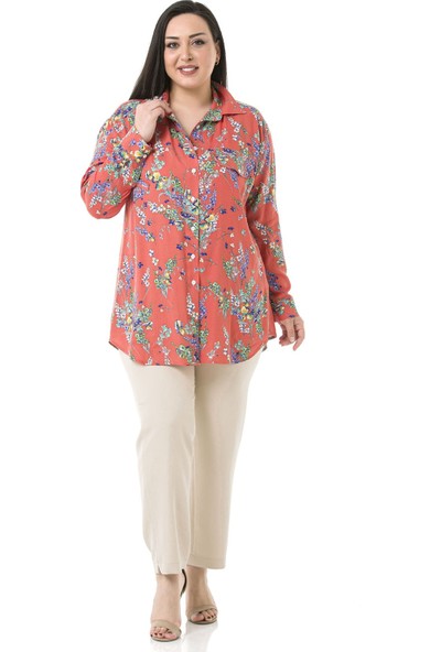 Disentis Modest Büyük Beden Katlamalı Kollu Sahte Cep Kapaklı Çiçekli Coral Kadın Gömlek Disentis Modest Büyük Beden Katlamalı Kollu Sahte Cep Kapaklı Çiçekli Coral Kadın Gömlek