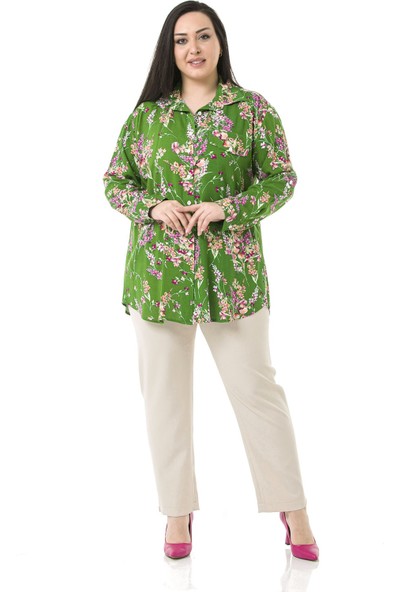 Disentis Modest Büyük Beden Katlamalı Kollu Sahte Cep Kapaklı Çiçekli Yeşil Kadın Gömlek