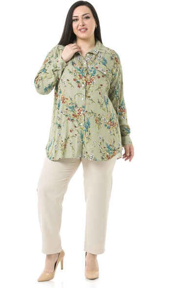 Disentis Modest Büyük Beden Katlamalı Kollu Sahte Cep Kapaklı Çiçekli Çağla Yeşili Kadın Gömlek