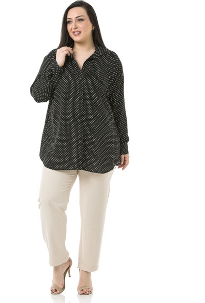 Disentis Modest Büyük Beden Katlamalı Kollu Sahte Cep Kapaklı Küçük Puanlı Siyah Gömlek