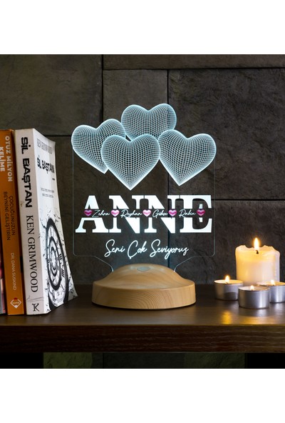 Anneler Günü Hediyesi, Anneye Hediye Kalpli Renkli Isim Yazılı Kişiye Özel 3D LED Lamba Anneler Günü Hediyesi, Anneye Hediye Kalpli Renkli Isim Yazılı Kişiye Özel 3D LED Lamba