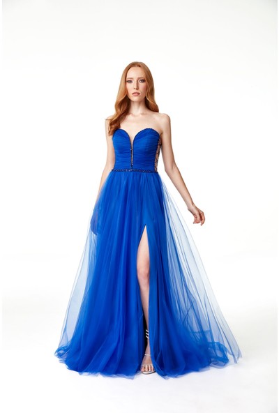 Ömür Inn Kadın Straplez Yaka Abiye Elbise 6452104 Saks