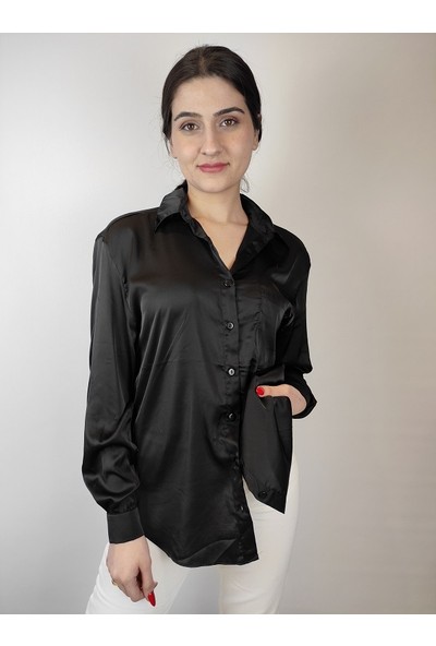 Kadın Gömlek Yakalı Düğmeli Ön Tek Cep Saten Gömlek