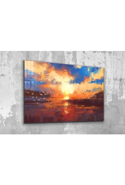 DCHCA0307 - Cam Baskı Tablo / Günbatımında Sazlıktaki Kuşlar