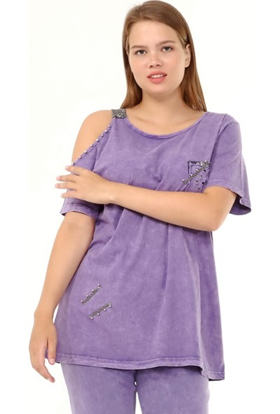 Mia Butik Büyük Beden Italyan Yıkamalı Lila Tek Omuz Dekolteli Tshirt