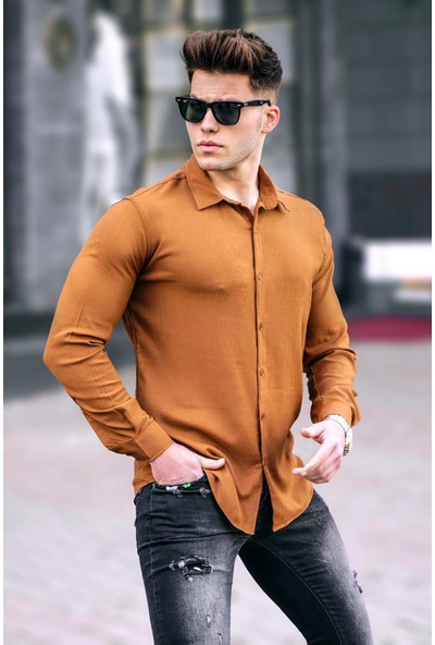 Madmext Camel Uzun Kollu Düz Erkek Gömlek 5547