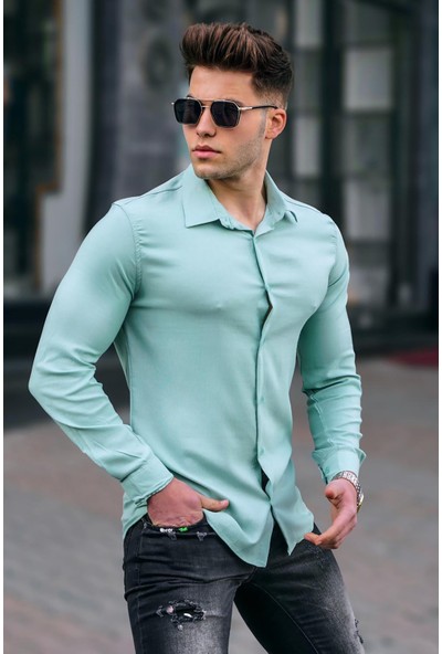Madmext Yeşil Uzun Kollu Düz Erkek Gömlek 5547