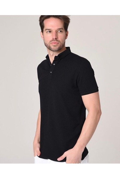 Erkek Siyah Dar Kesim Polo Yaka T-Shirt