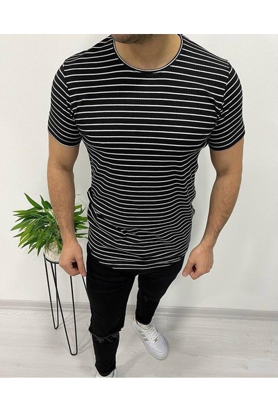 Erkek Siyah Dar Kesim Çizgili T-Shirt