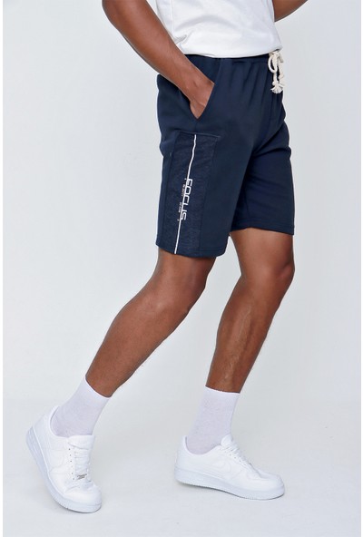 Tena Erkek Lacivert Yan Parçalı Focus Baskılı Pamuk Şort