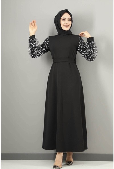 Brm Kadın Kolları Tül Detaylı Tesettur Elbise