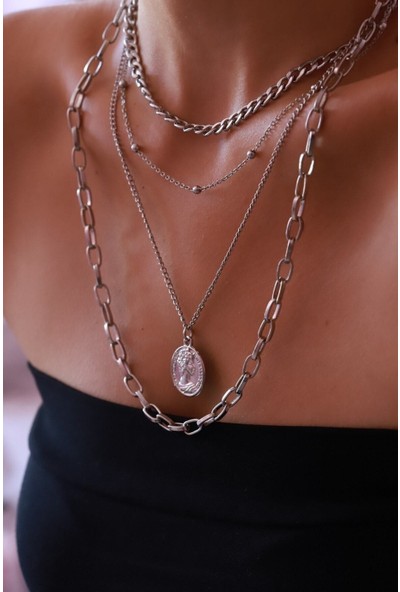 FullControl Kadın Gümüş Rengi 4'lü Madalyon Kolye Kombin Kolye FullControl Kadın Gümüş Rengi 4'lü Madalyon Kolye Kombin Kolye