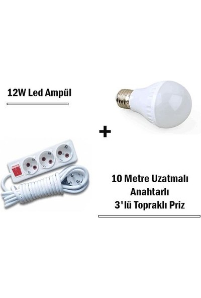 Easy Toptan 12W LED Ampul + 10 Metre Uzatmalı Anahtarlı 3lü Priz Set