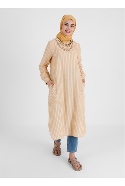 Cep Detaylı Çizgili Tunik - Safran - Tavin