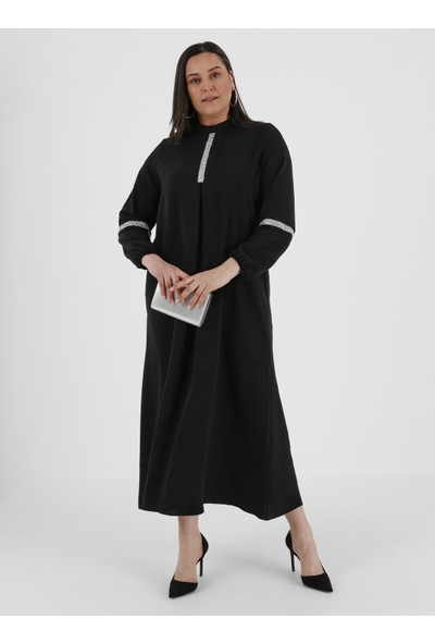 Alia Büyük Beden Şerit Detaylı Abiye Elbise - Siyah - Alia