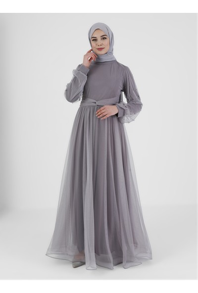 Tavin Bel Detaylı Incilli Abiye Elbise - Gri - Tavin
