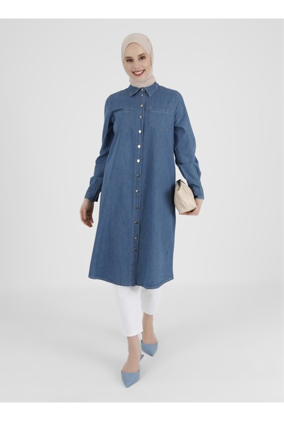 Benin Doğal Kumaşlı Boydan Düğmeli Kot Tunik - Koyu Mavi - Benin