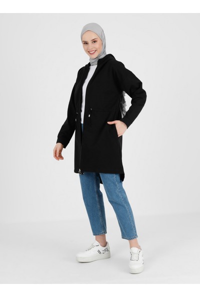 Refka Kapüşonlu Belden Büzgülü Kap - Siyah - Refka Basic Refka Kapüşonlu Belden Büzgülü Kap - Siyah - Refka Basic