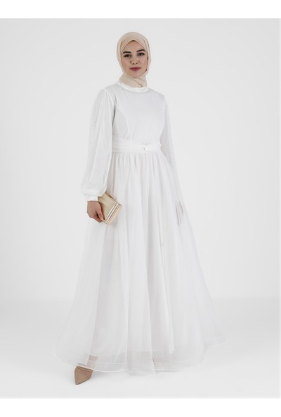 Tavin Bel Detaylı Incilli Tüllü Abiye Elbise - Beyaz - Tavin
