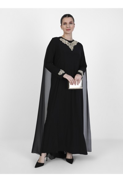 Alia Büyük Beden Boncuk Detaylı Tüllü Abiye Elbise - Siyah - Alia
