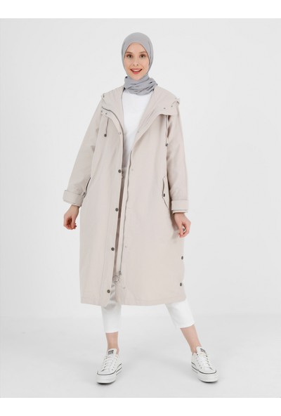 Refka Kapüşon ve Çıtçıt Detaylı Geniş Kesimli Trençkot - Açık Gri - Refka Casual Refka Kapüşon ve Çıtçıt Detaylı Geniş Kesimli Trençkot - Açık Gri - Refka Casual