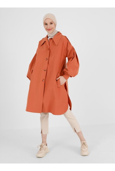 Refka Yırtmaçlı Trençkot - Orange - Refka Casual