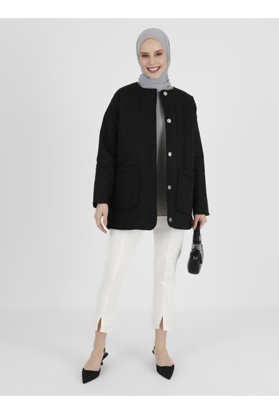 Refka Kapitone Detaylı Gizli Çıtçıtlı Ceket - Siyah - Refka Casual Refka Kapitone Detaylı Gizli Çıtçıtlı Ceket - Siyah - Refka Casual