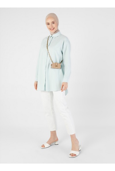 Oversize Arkası Uzun Poplin Tunik - Su Yeşili - Benin